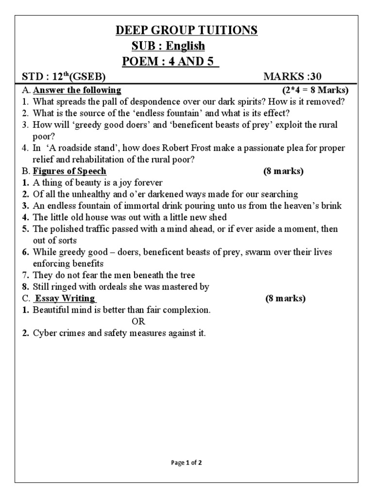 Deep Group Tuitions SUB: English Poem: 4 and 5: STD: 12 (GSEB) MARKS:30 ...