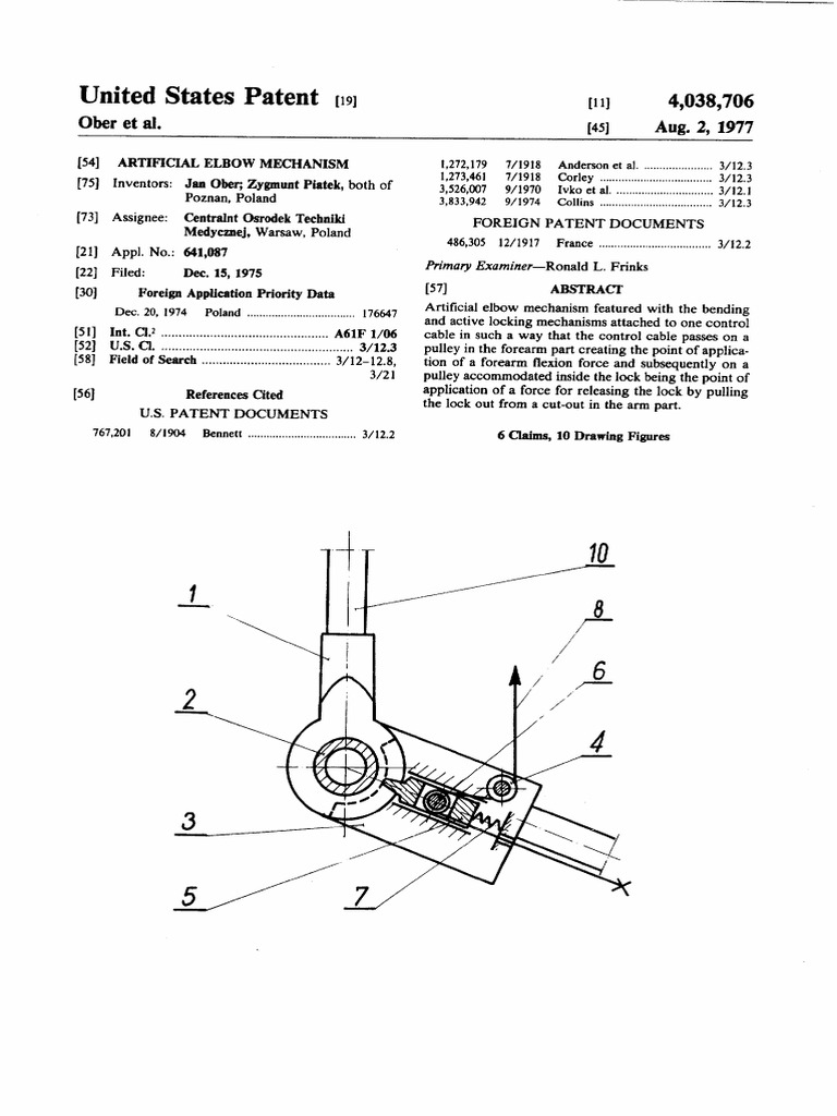 1977 - Artificial Elbow Mechanism - Us4038706 | PDF | Prosthesis | Elbow