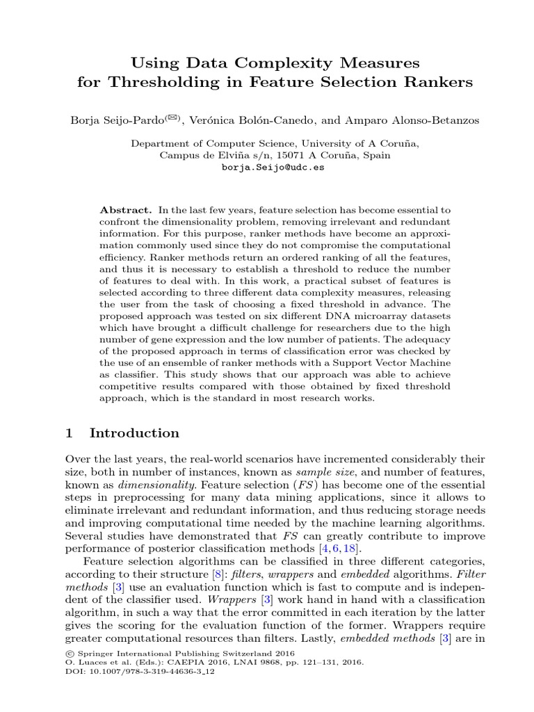 Using Data Complexity Measures For Thresholding in Feature Selection Rankers | PDF | Support ...