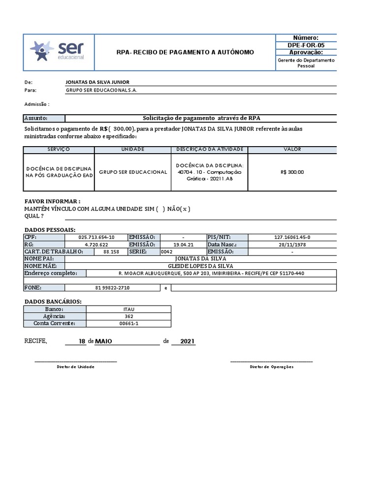 Modelo de Rpa - Recibo de Pagamento A Autônomo | PDF | Science ...
