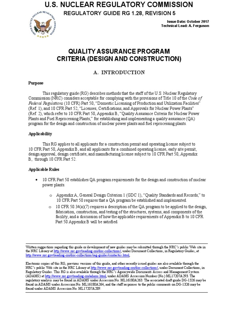 RG 1.28: Quality Assurance Criteria | PDF | Nuclear Regulatory ...