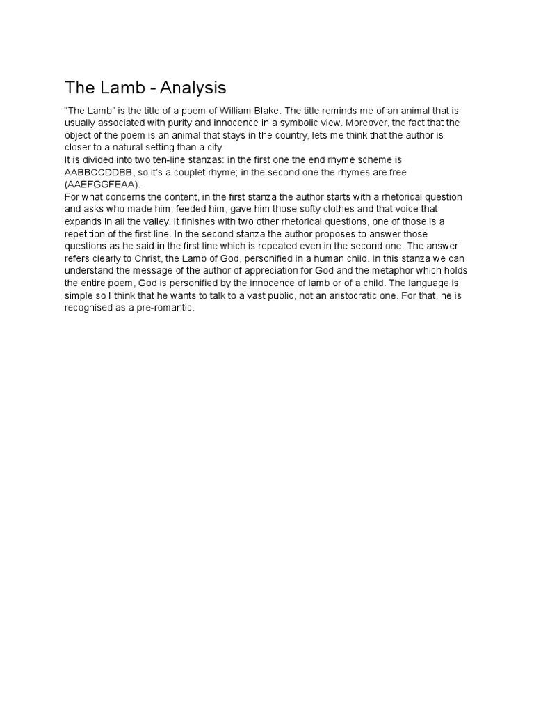 Analysis of Blake's "The Lamb" Poem | PDF