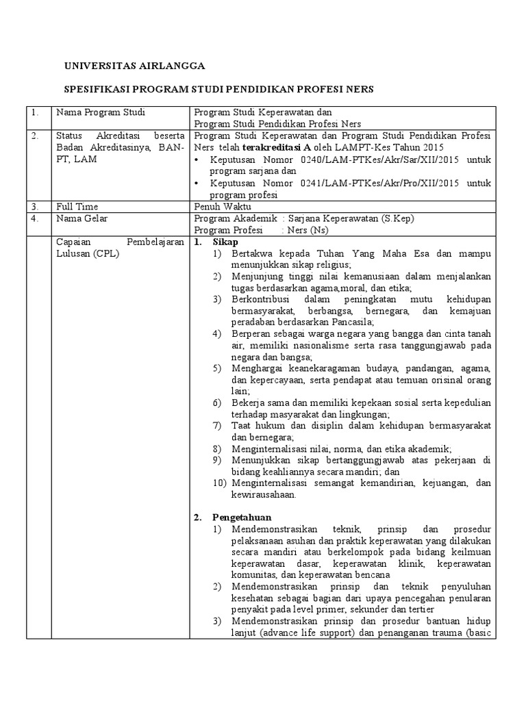 Spesifikasi Program Studi Profesi Ners 2018 | PDF | Pengembangan Diri