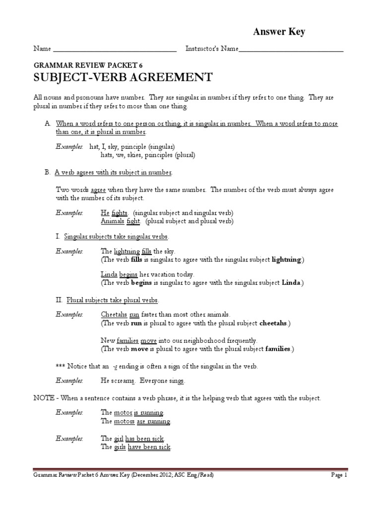A2 Grammar Review Packet 6 Subject Verb Agreement Answer Key | PDF ...