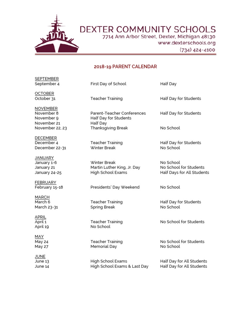 2018-2019 Dexter School Calendar | PDF