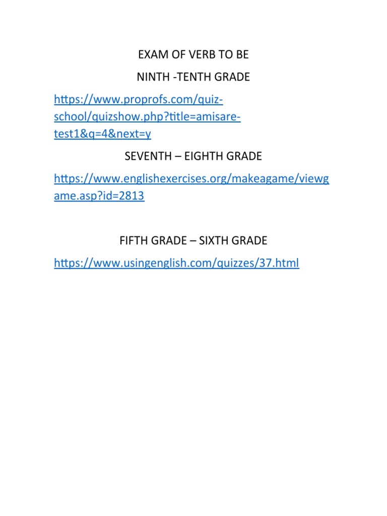 Verb To Be Exam for Grades 5-10 | PDF
