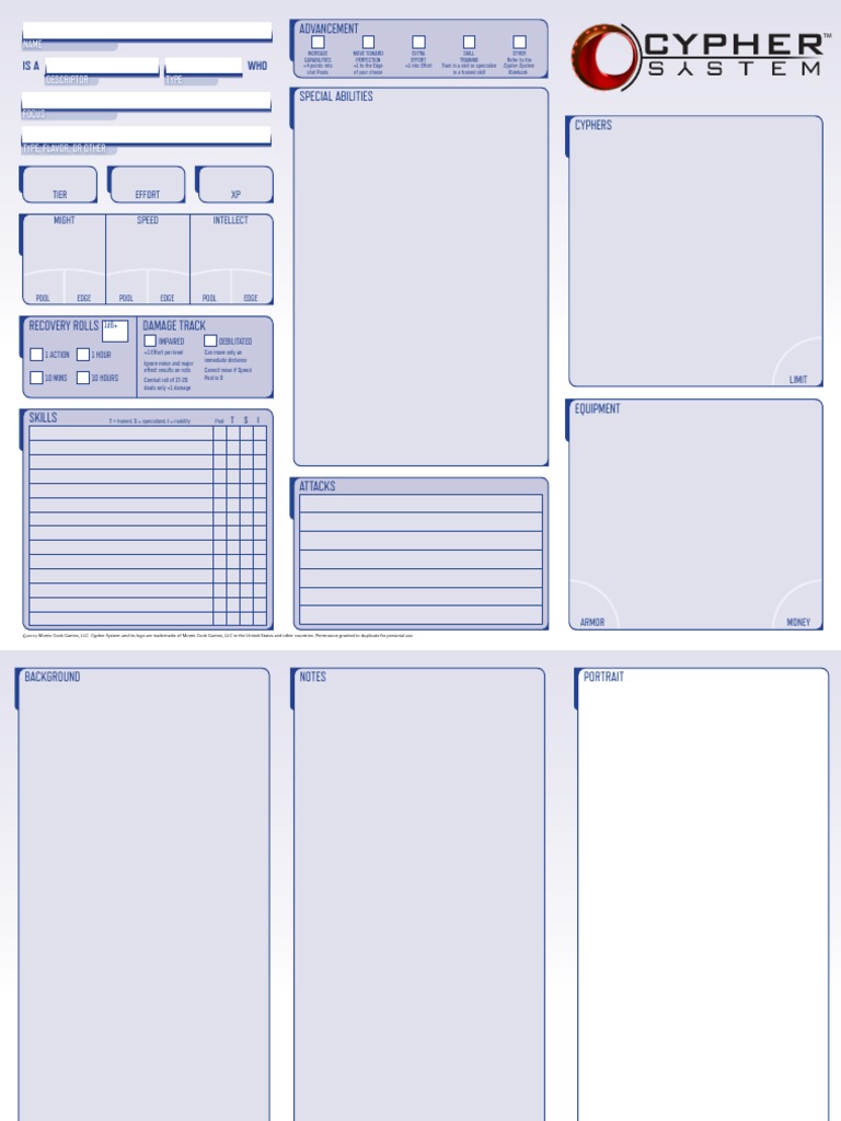 Cypher System Character Sheets Revised FormFillable 2019-09-10 | PDF ...