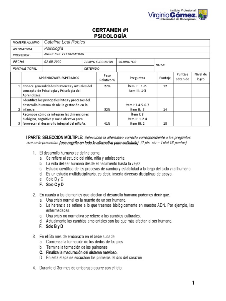 Certamen 1 Psicologia 2020 | PDF | Teoría de apego | Sicología