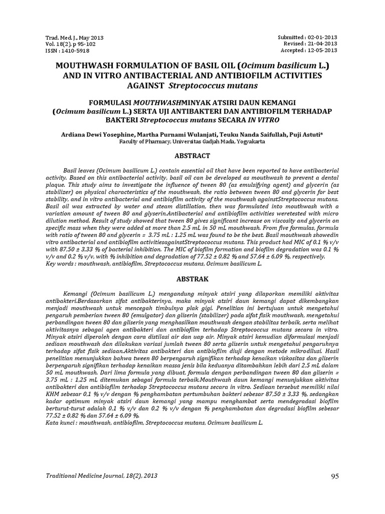 Mouthwash Formulation of Basil Oil (Ocimum Basilicum L.) and in Vitro Antibacterial and ...