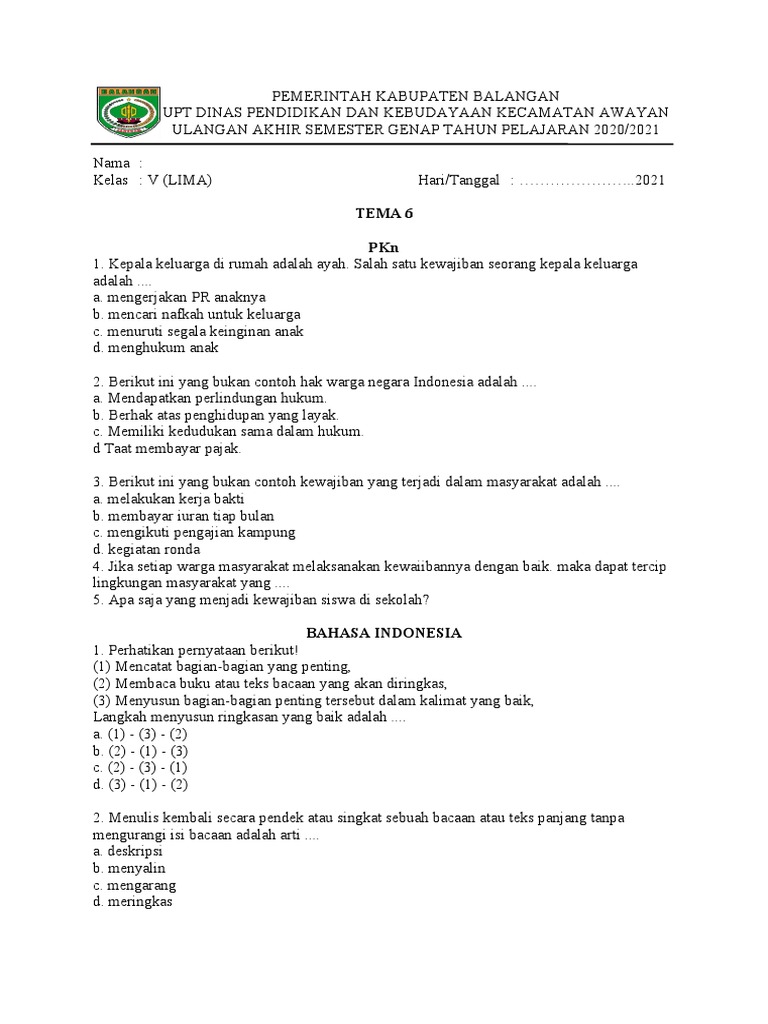 Soal Uas KLS 5 SMT 2 | PDF