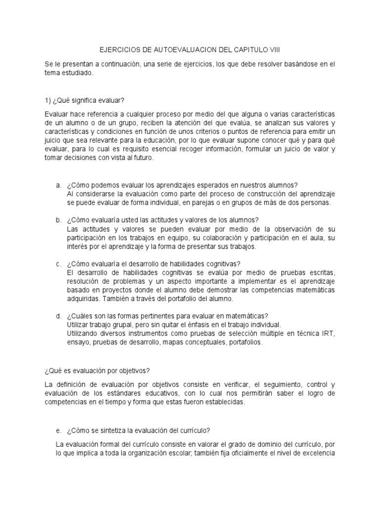 Ejercicios de Autoevaluacion Del Capitulo Viii | PDF | Evaluación | Plan de estudios