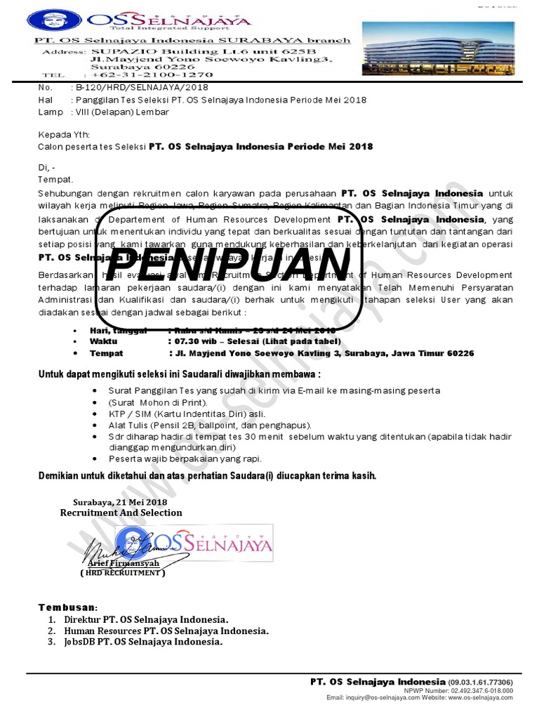 Surat Panggilan Interview Surabaya Revisi | PDF