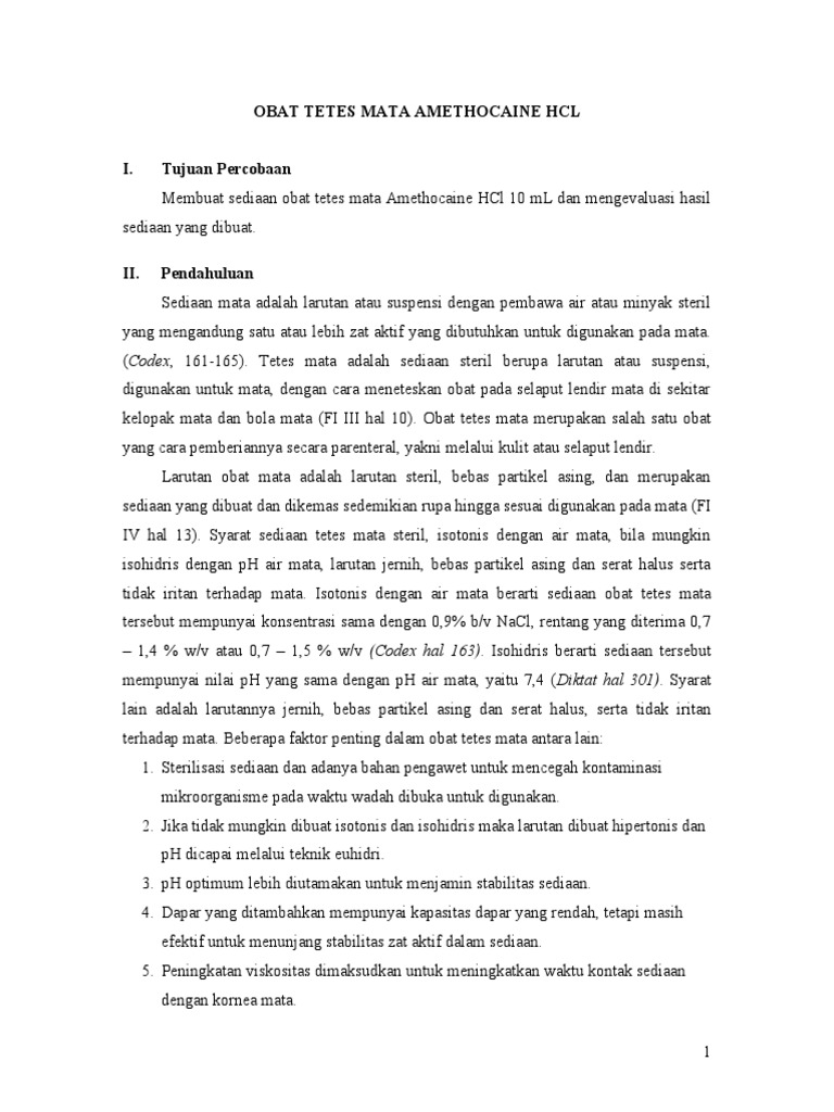 (DONE) Laporan Steril 01-II Obat Tetes Mata Amethocaine HCL | PDF
