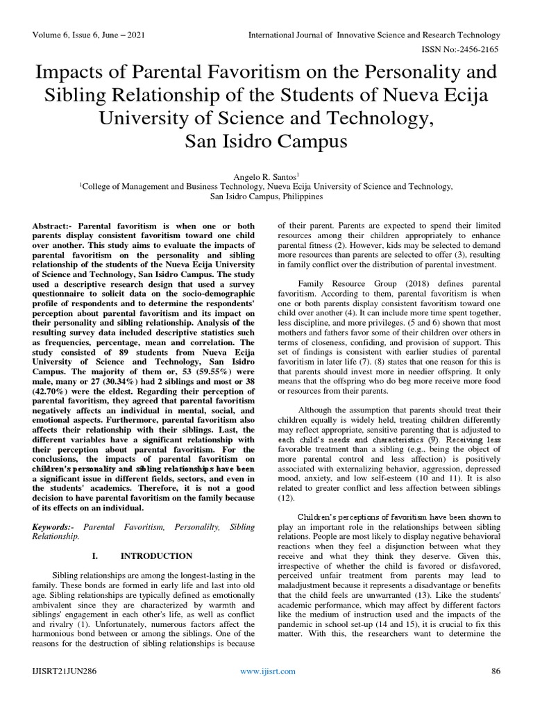 Impacts of Parental Favoritism On The Personality and Sibling ...