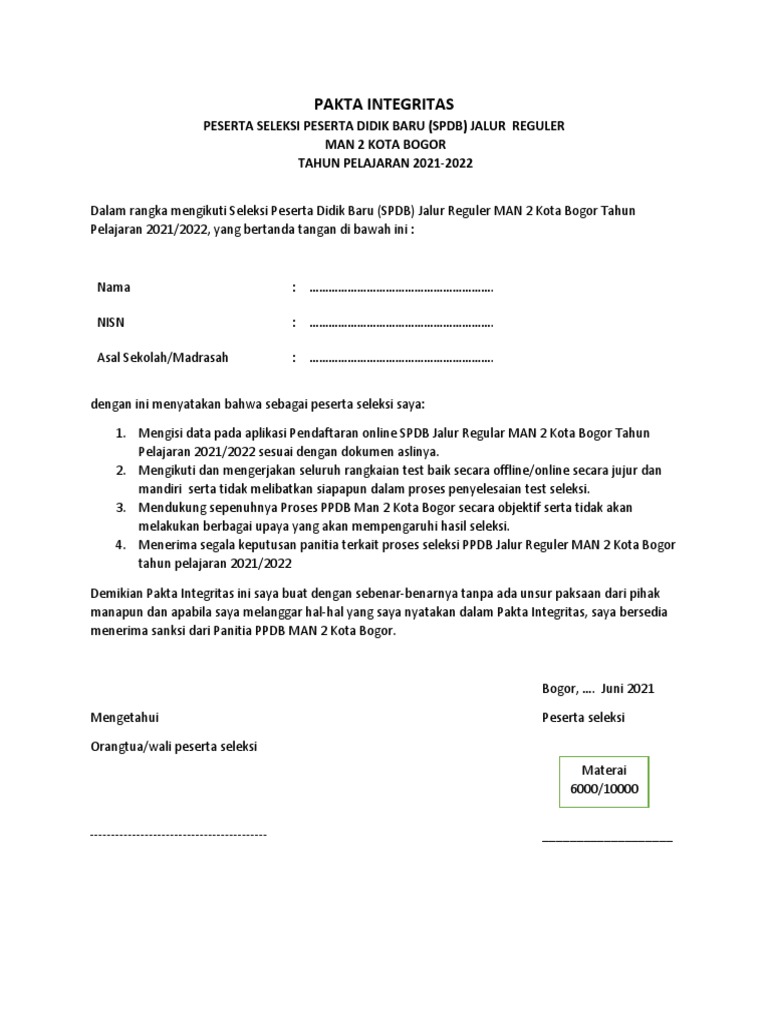 PAKTA INTEGRITAS Jalur-Reguler | PDF