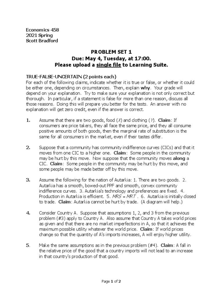 Econ 458 Problem Set 1 | PDF | Prices | Economic Theories