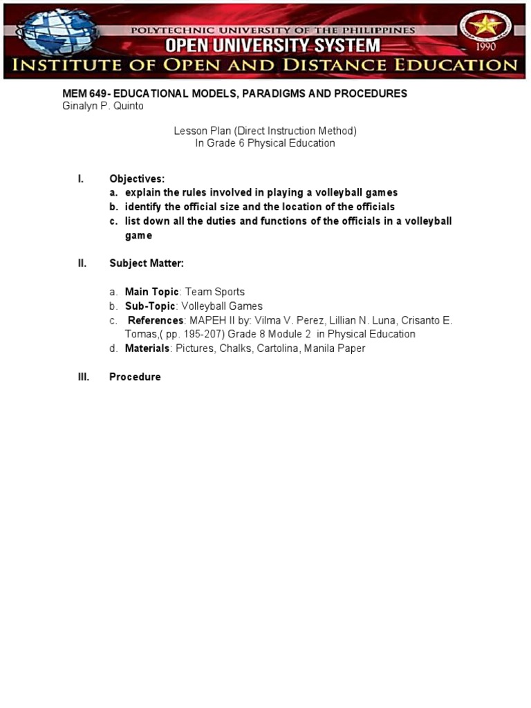 Detailed Lesson Plan in Grade 8 MAPEH | PDF | Volleyball | Sports