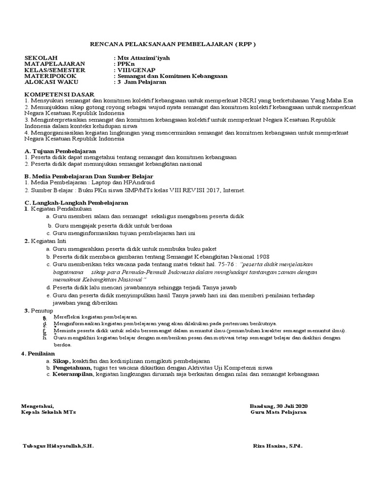 RPP PKN Kelas 8 Semester 2 Ta 2019 | PDF