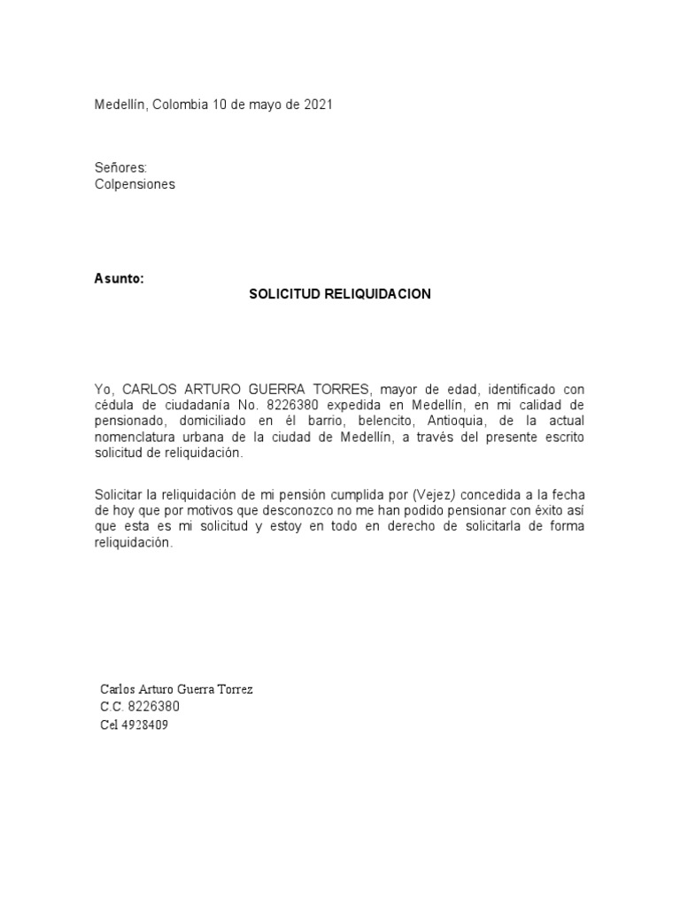 Solicitud de reliquidación de pensión por vejez ante Colpensiones | PDF Solicitud de reliquidación de pensión por vejez ante Colpensiones | PDF