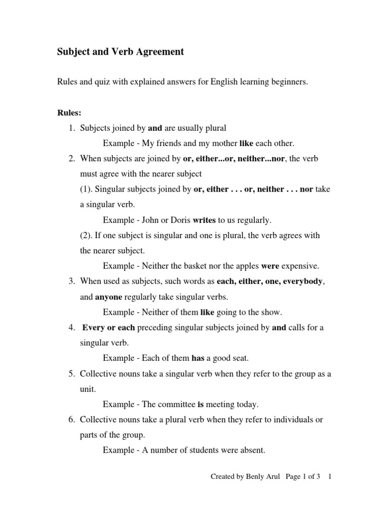 Subject-Verb Agreement Worksheet | PDF | Grammatical Number | Plural