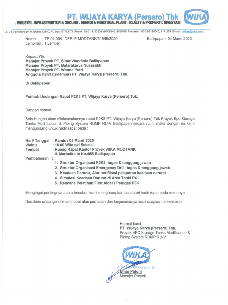 T.01.09-U.dep - Ip.modtank-515-III-2020 Undangan Rapat p2k3 Pt. Wijaya Karya (Persero) Tbk. | PDF