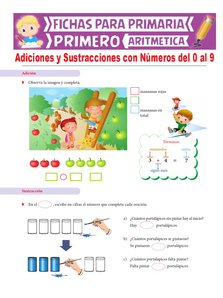 Adiciones y Sustracciones Con Números Del 0 Al 9 para Primero de ...