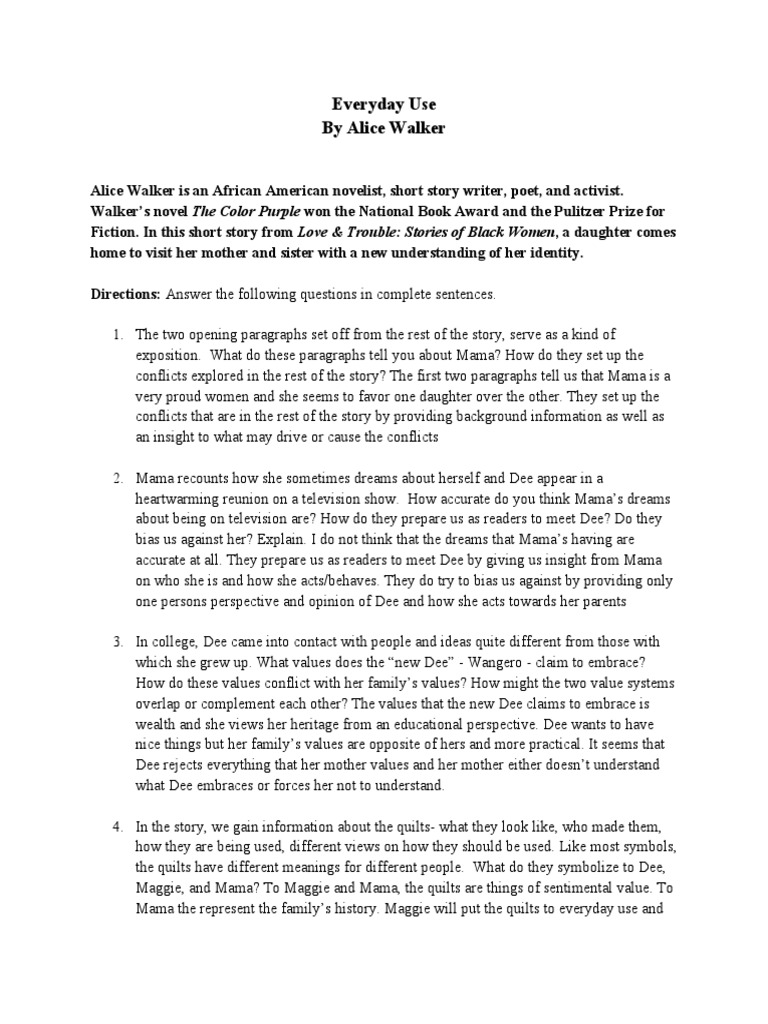 Everyday Use - Questions | PDF | Narration