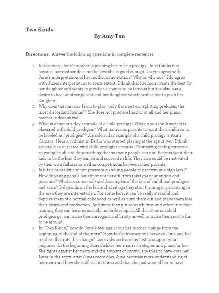 Two Kinds by Amy Tan: Directions: Answer The Following Questions in ...