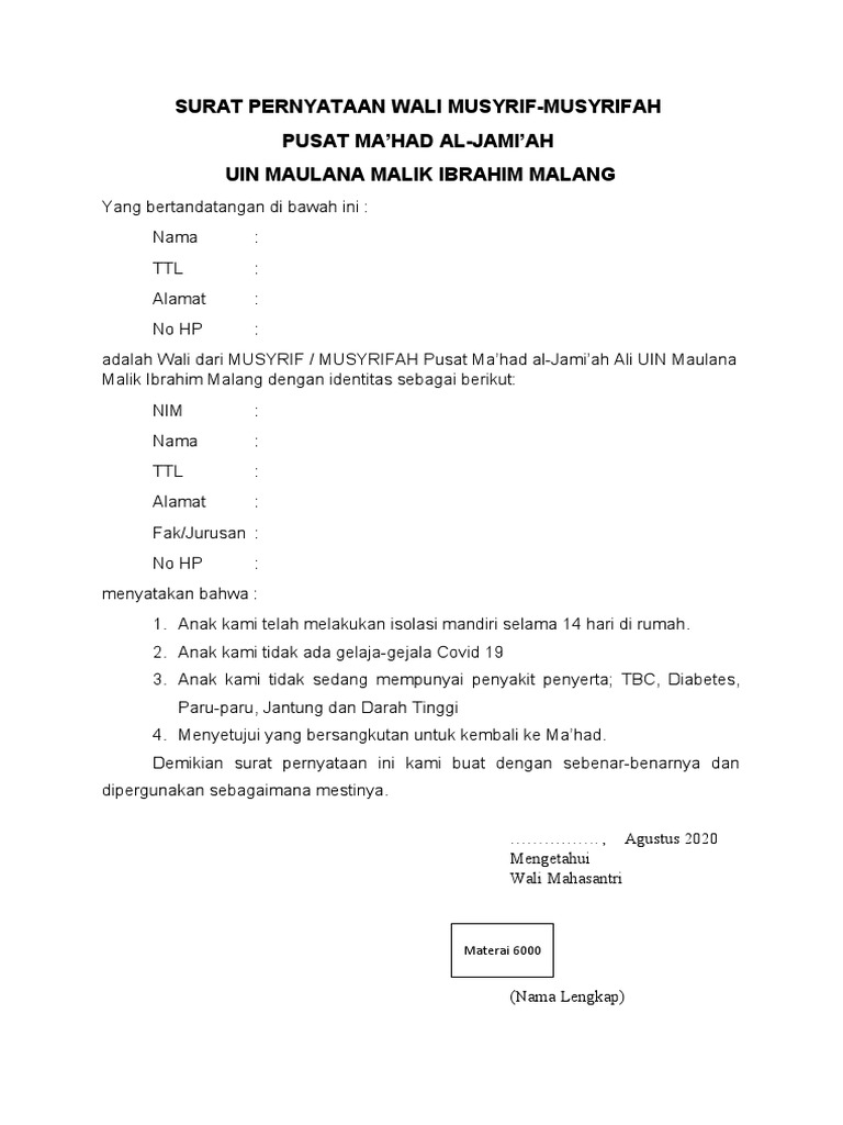 SURAT PERNYATAAN WALI Musyrif Musyrifah PSDM 2020 1 | PDF