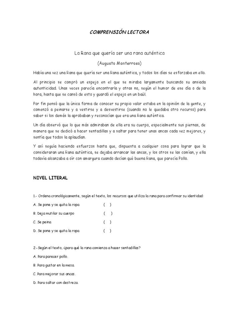 Comprension Lectora La Rana Que Queria Ser Autentica 2021 | PDF