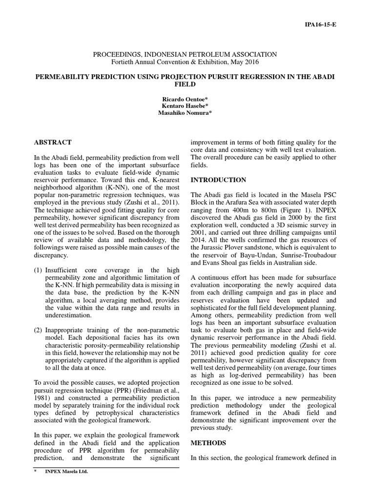 Permeability Prediction Using Projection Pursuit Regression in The Abadi Field | Download Free ...