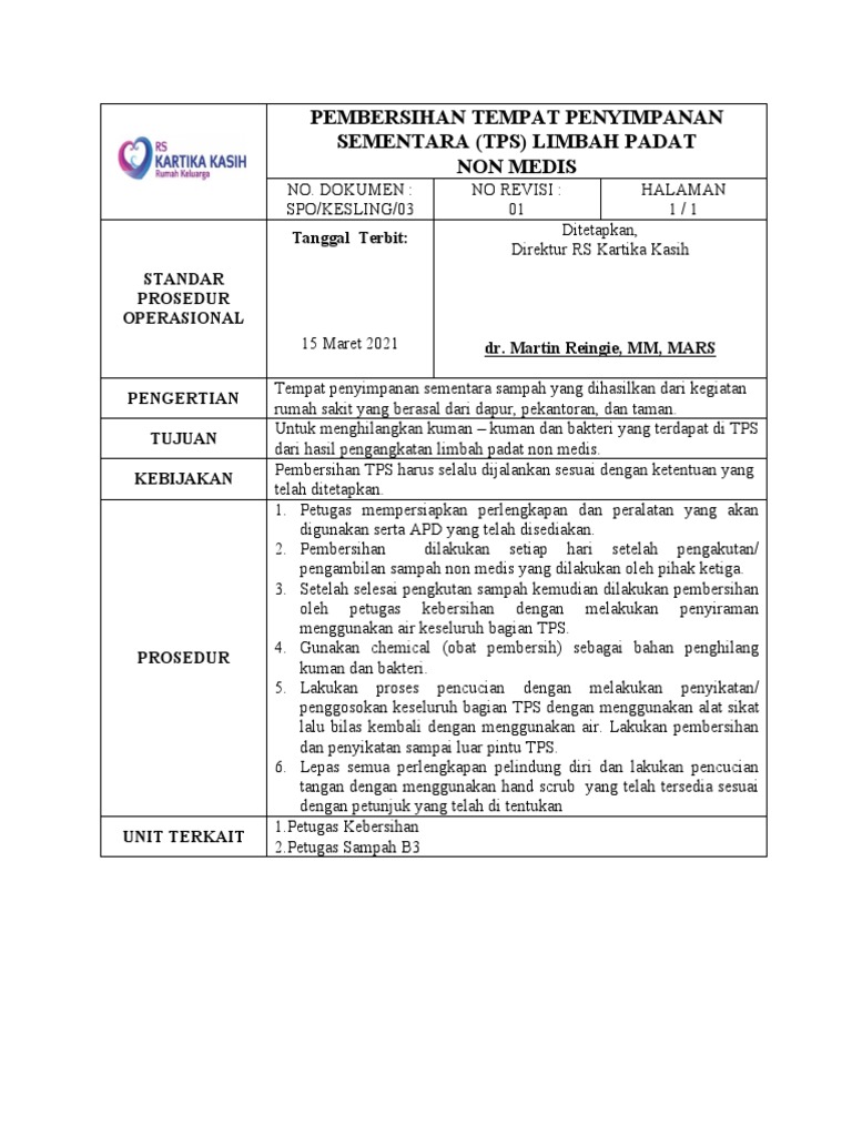Prosedur Pembersihan TPS Limbah Non Medis | PDF