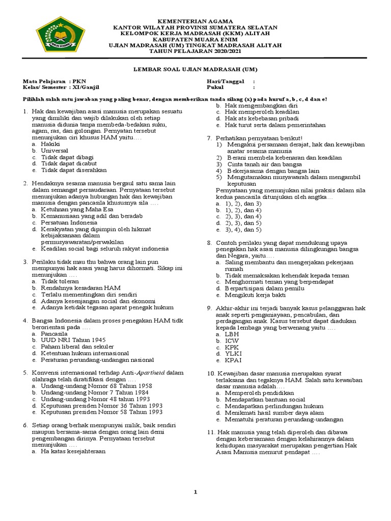Soal UAS PKN Kelas XI SMT 1 | PDF