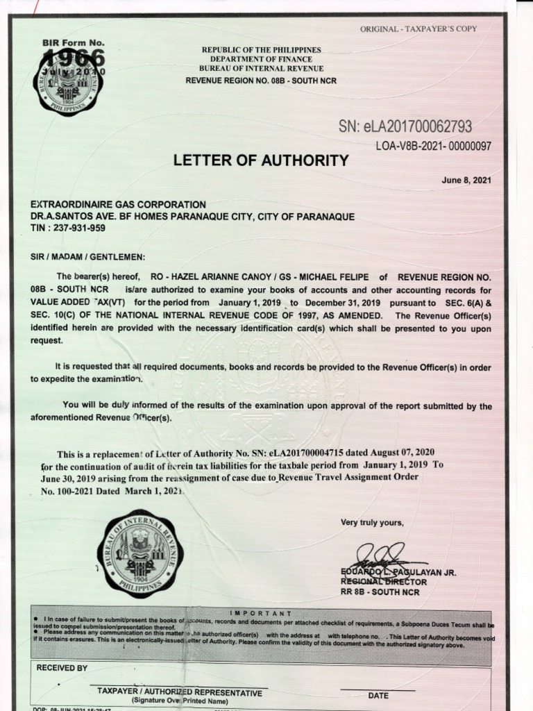 BIR Letter of Authority | PDF