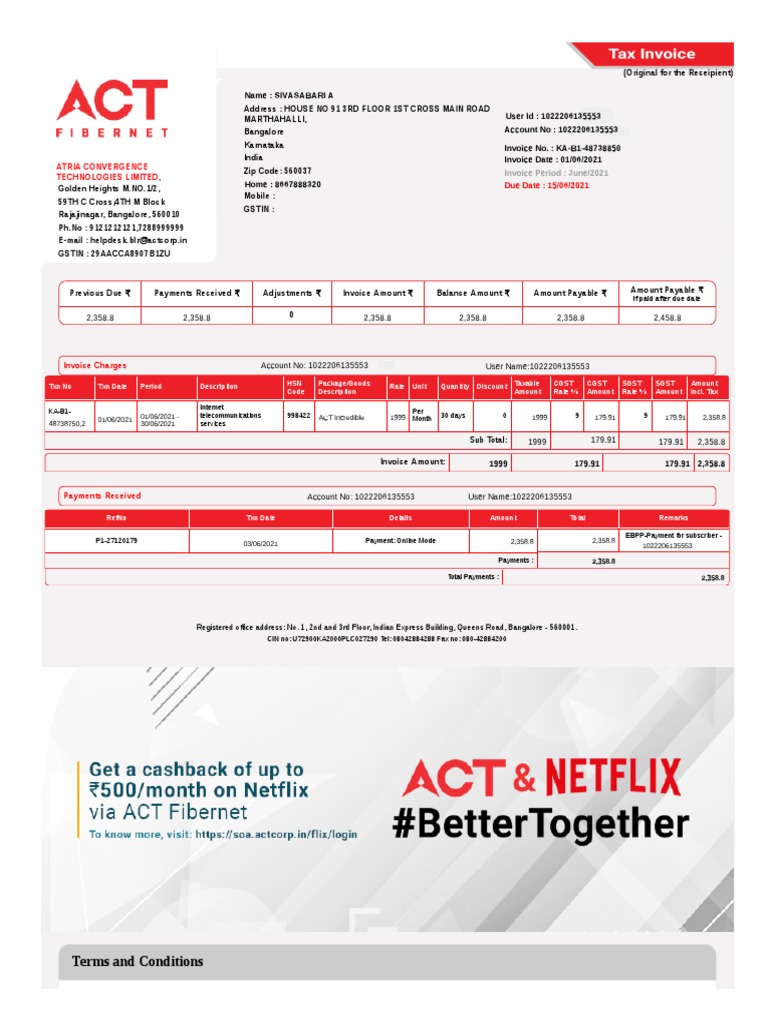 Monthly Telecommunications Invoice for Sivasabari A | PDF | Invoice ...