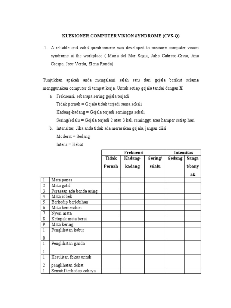 Kuesioner Gejala Computer Vision Syndrome | PDF | Karier & Perkembangan ...
