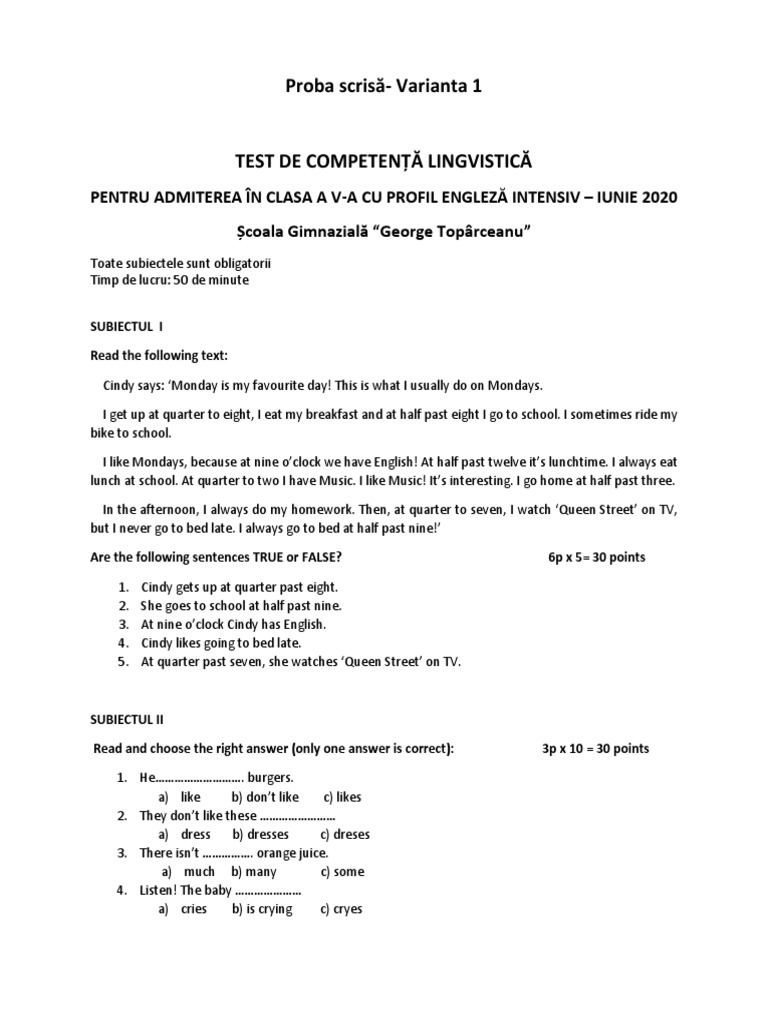 Subiecte Intensiv Engleza Var1 | PDF