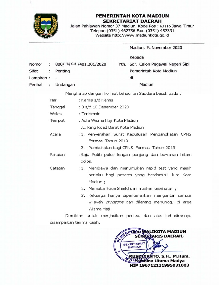 Undangan Pengarahan Dan Penyerahan SK CPNS | PDF