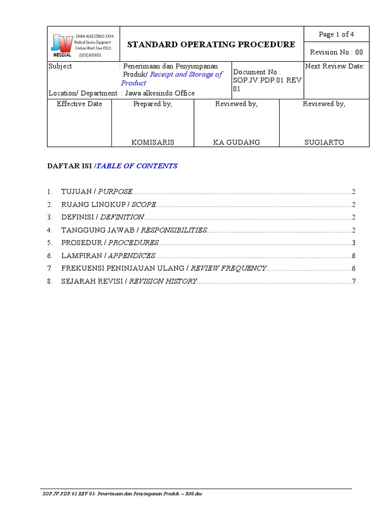 SOP Penerimaan Dan Penyimpanan Produk | PDF