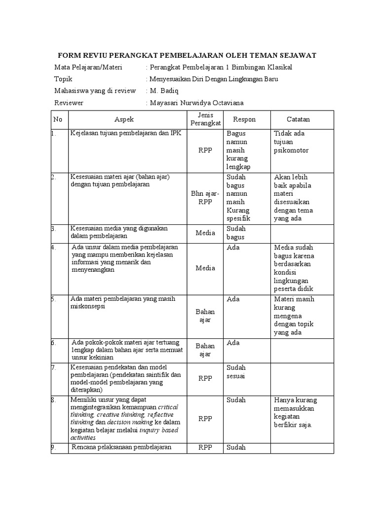 Format Reviu Rancangan Pembelajaran 1 M. Badiq | PDF