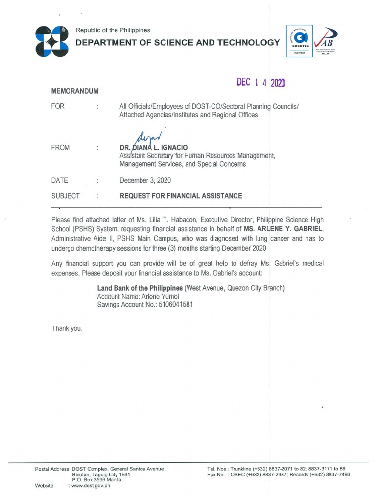 DOST MEMORANDUM Request For Financial Assistance in Behalf of Ms ...
