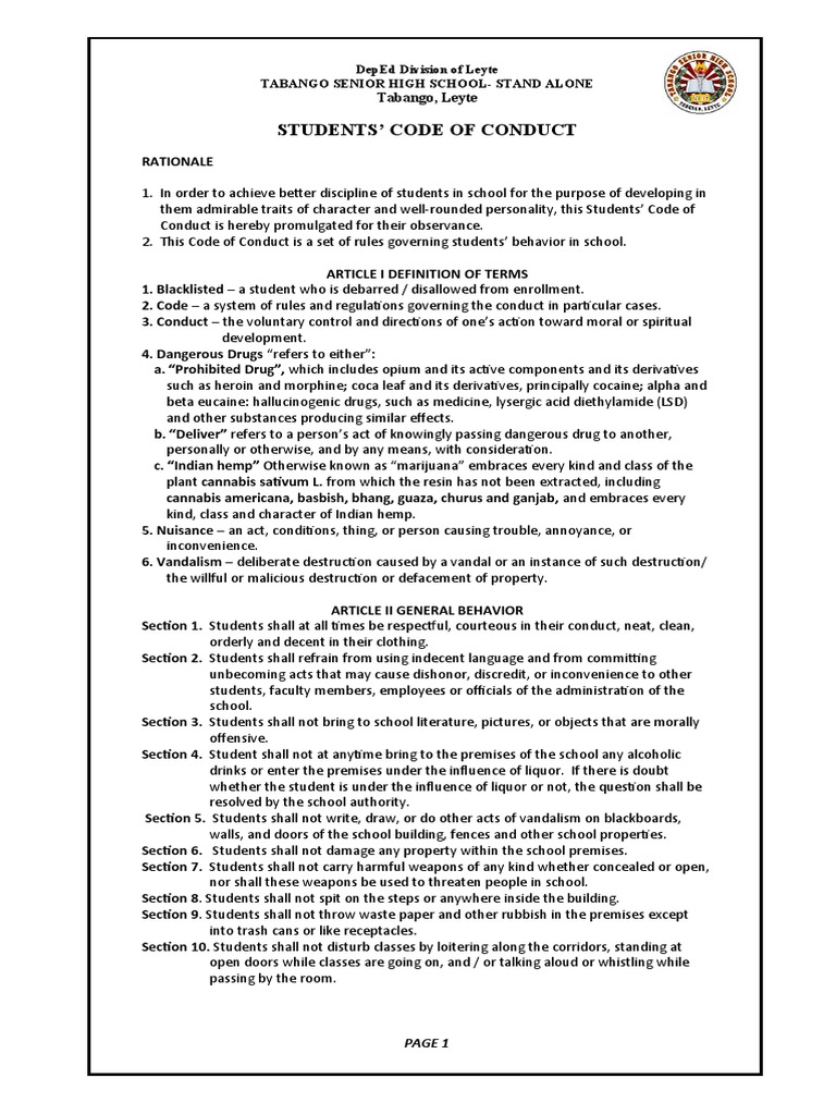 Students' Code of Conduct: Deped Division of Leyte Tabango Senior High ...