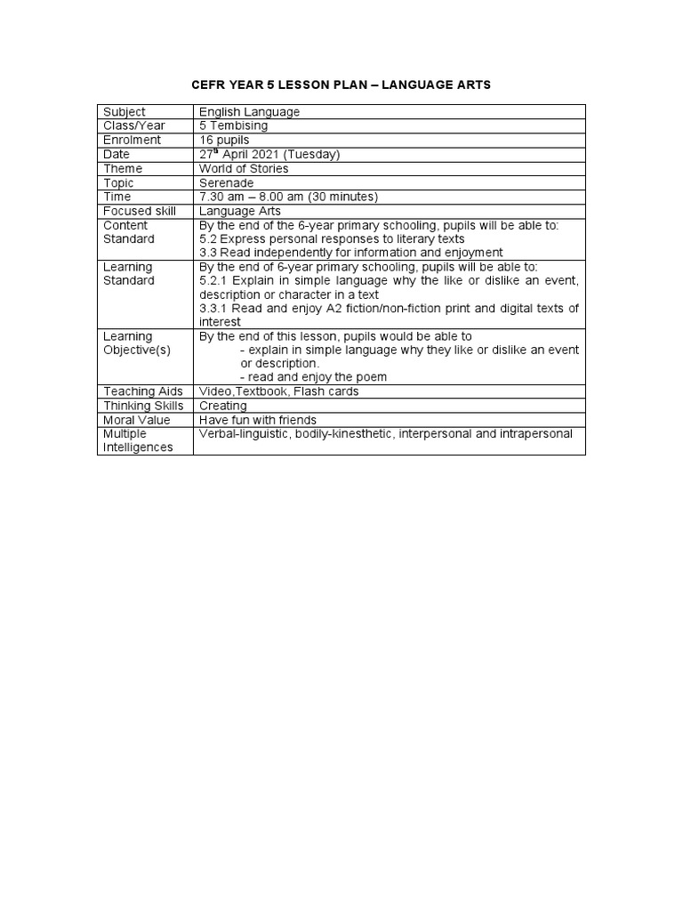 30 Minutes Lesson Plan For CEFR Year 5 | PDF | Lesson Plan | Teachers