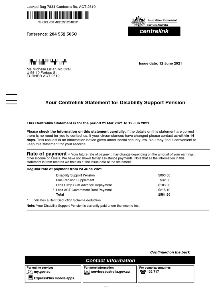 Your Centrelink Statement For Disability Support Pension: Reference ...