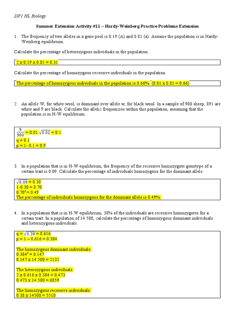 Summer Extension Activity #11 - Hardy-Weinberg Practice Problems ...