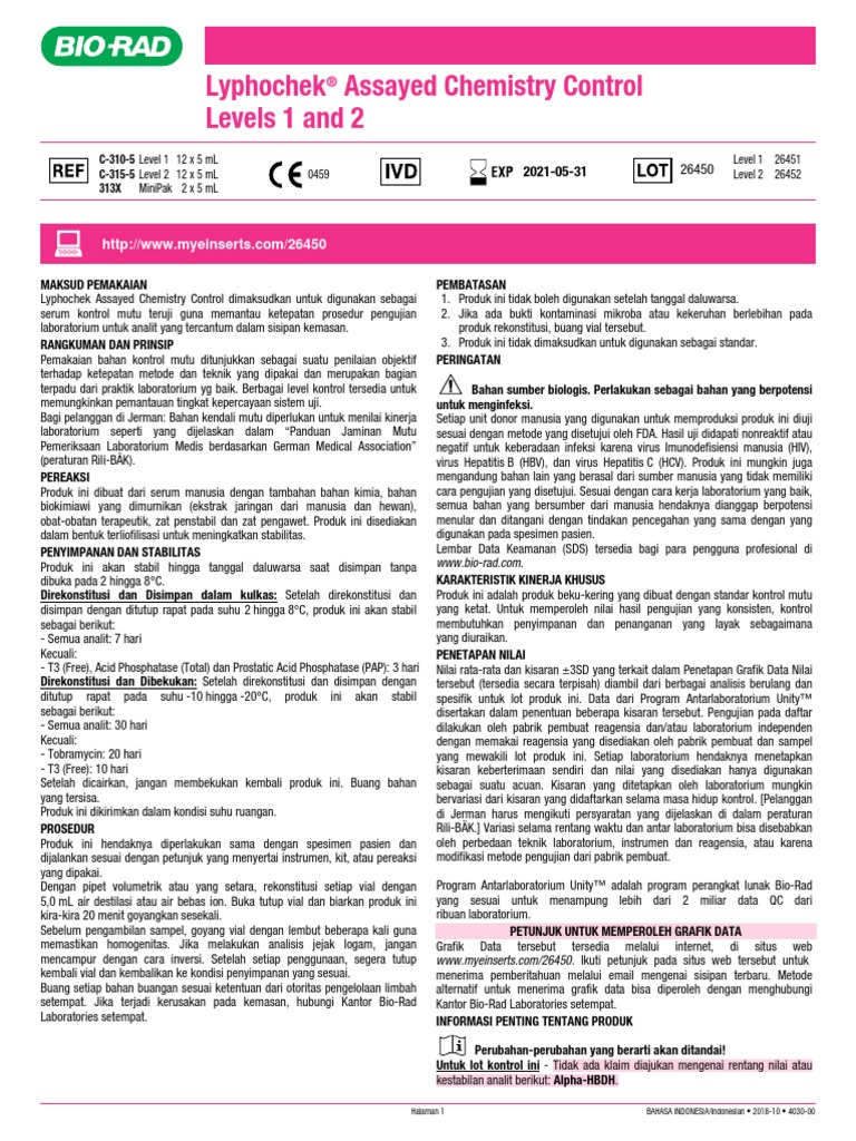 Lyphochek Assayed Chemistry Control Levels 1 and 2 | PDF