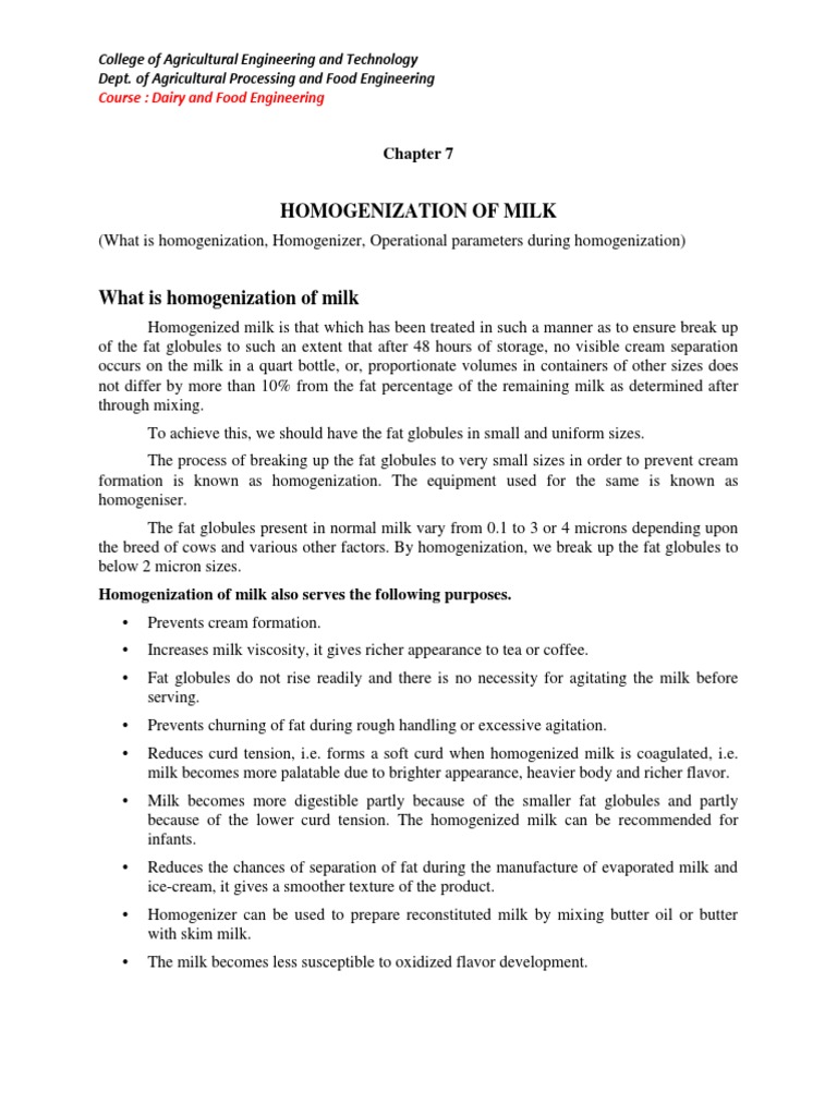 Homogenization of Milk: Course: Dairy and Food Engineering | PDF | Milk ...