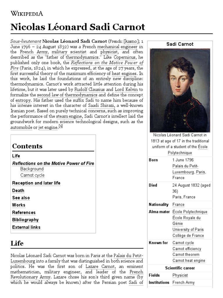 Nicolas Léonard Sadi Carnot - Wikipedia | PDF | Heat | Entropy