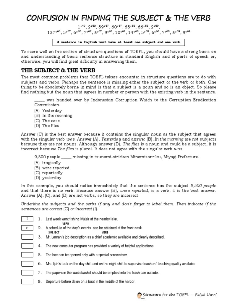01) 1 SUBJECT VERB + Exercises | PDF | Verb | Subject (Grammar)