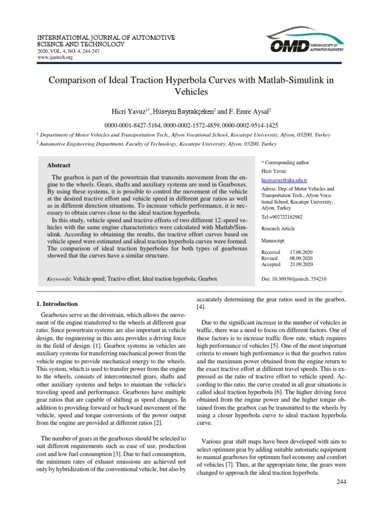 Comparison of Ideal Traction Hyperbola Curves With Matlab-Simulink in ...
